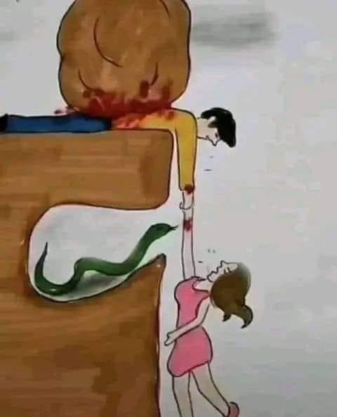 The man doesn't know that there is a snake underneath. The woman doesn ...