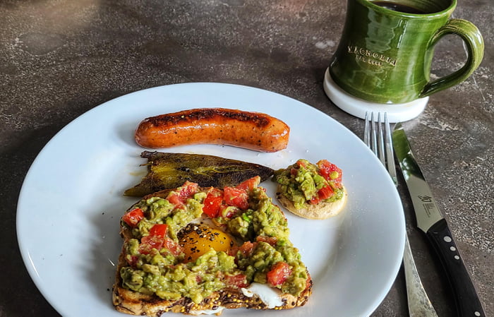 Toads in a hole with low carb bread, (avocado tomato onion spread ...