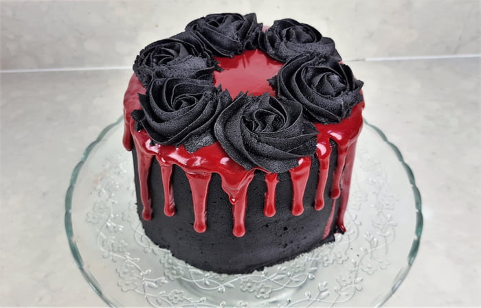 Black velvet cake with a blood red drip for halloween. Made using black ...