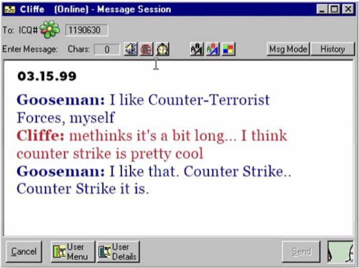ICQ chat in 1999 between Minh lee and Jess Cliffe where the name of the ...