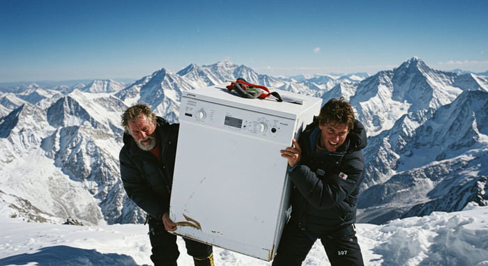 Two men carrying a washing machine to Mt Everest. - 9GAG
