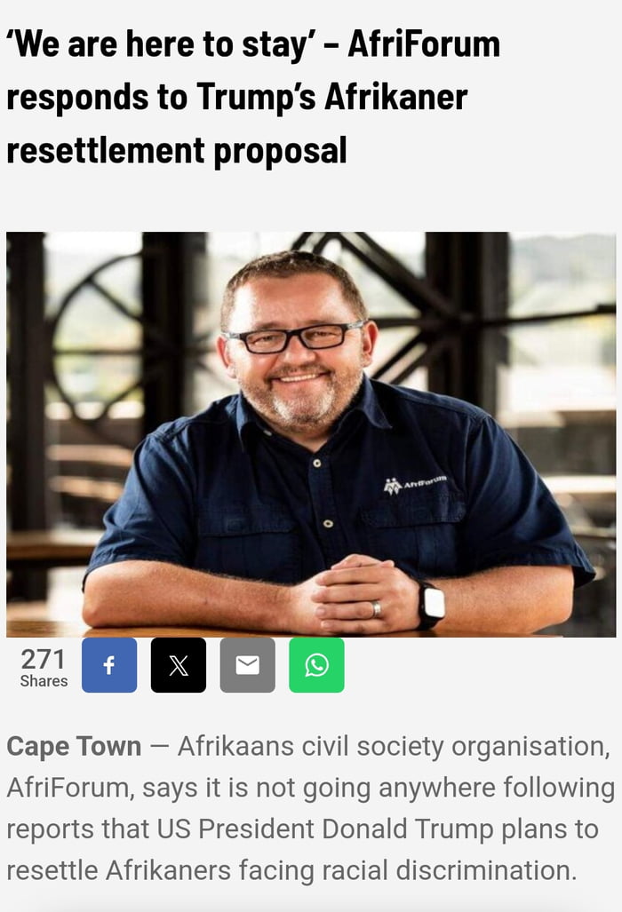 So every Afrikaaner is positively responding to Trump? Sure.......btw ...