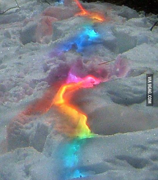 Light under ice looks like rainbow stream - 9GAG
