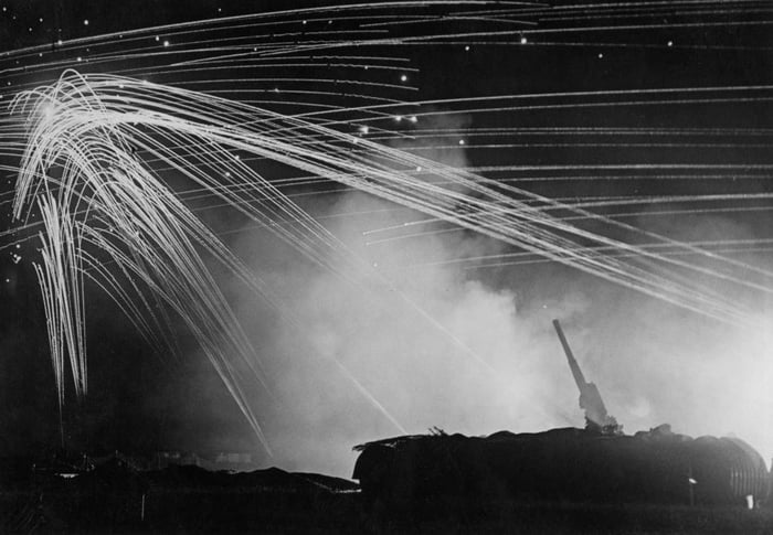 British anti-aircraft tracers fired at V-1 cruise missiles over London ...