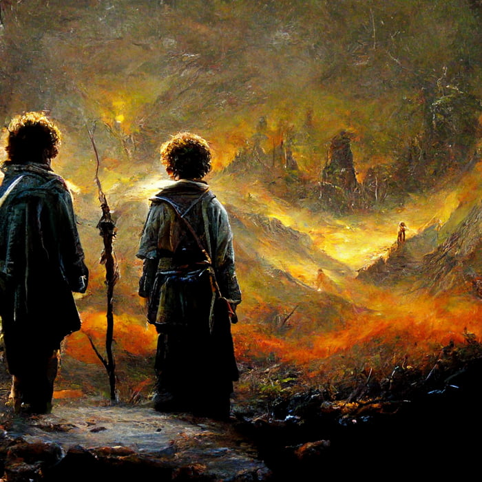 Asked an AI to paint frodo and sam going to mordor, this thing is ...