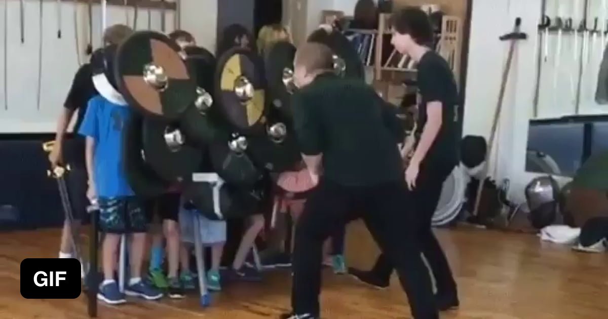 Group of students learning the strength of a proper shield wall - 9GAG