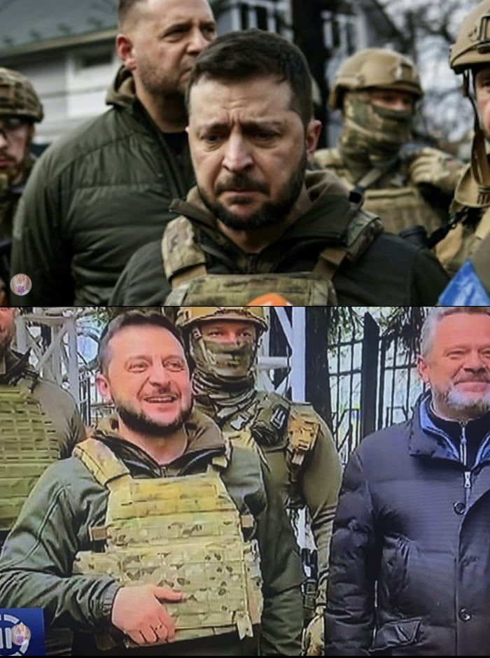 Two photos from Bucha on the same day. One is for media (during acting ...