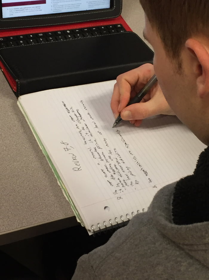 My friends writes with his notebook completely sideways - 9GAG