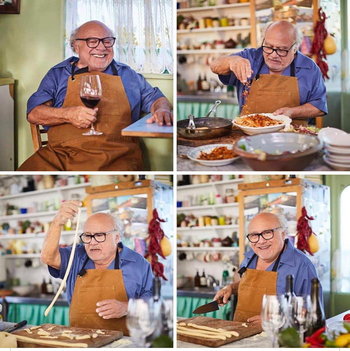 Danny Devito making pasta and drinking wine - 9GAG