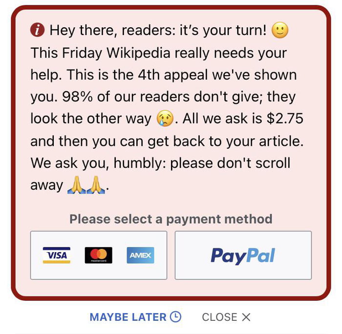 Wikipedia using emojis and passive-aggressive language to beg for donations - 9GAG