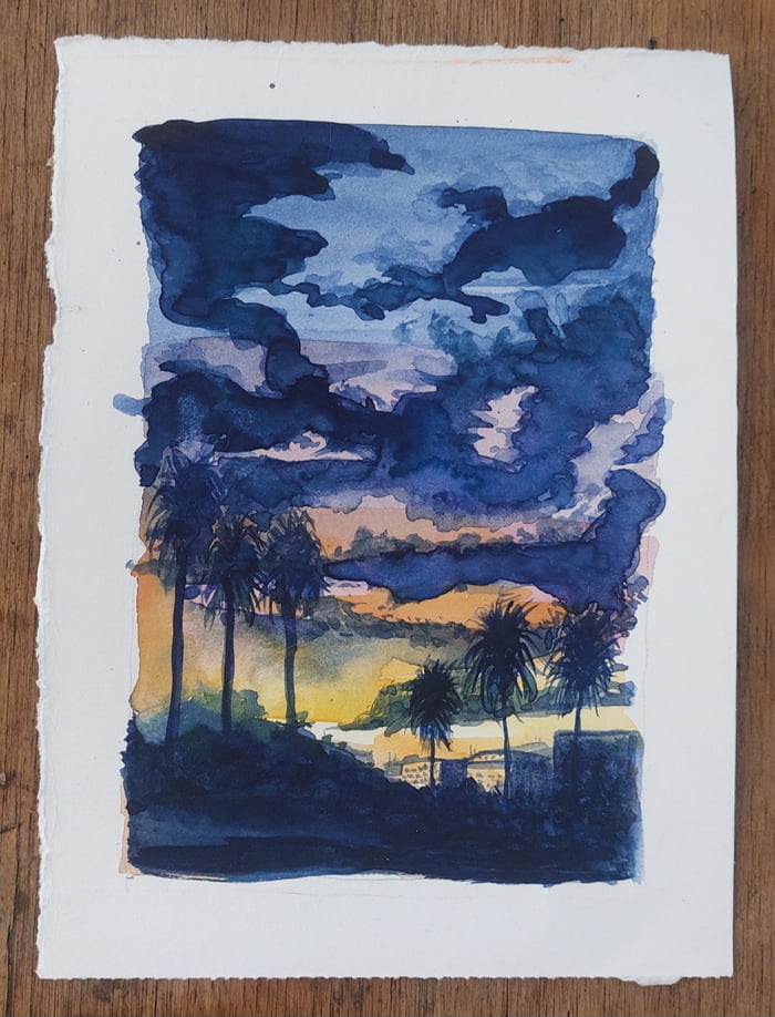 A sunset watercolor. Any constructive advice welcomed, thank you - 9GAG