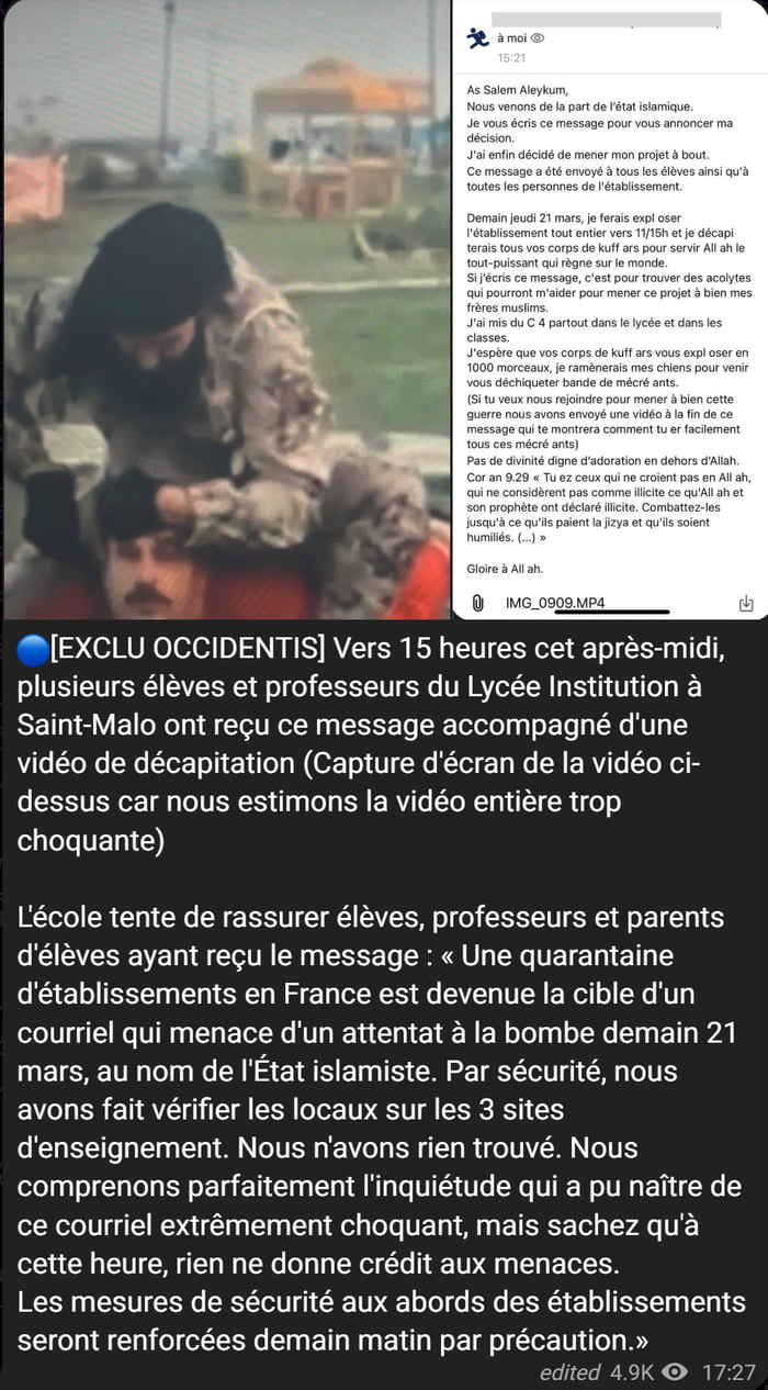 Several French high schools have received a message threatening an Isl a mist attack accompanied ...