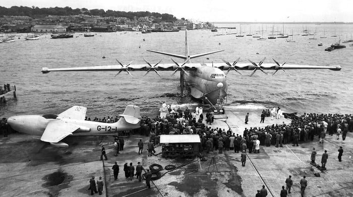 Saunders-Roe SR.45 Princess flying boat is launched from its slipway on ...