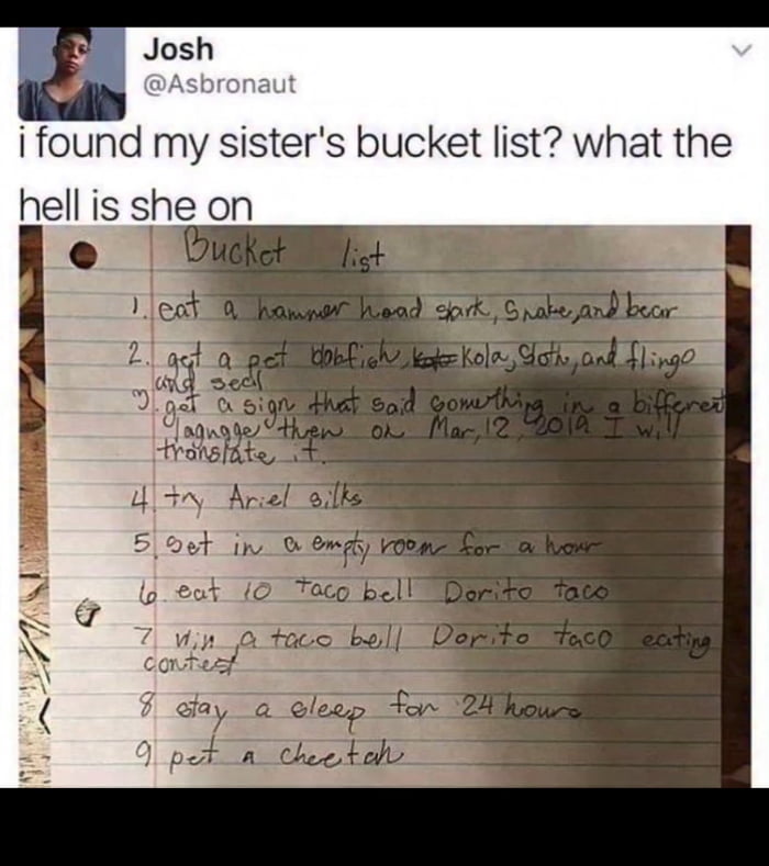 My sister's bucket list is wilding out - 9GAG
