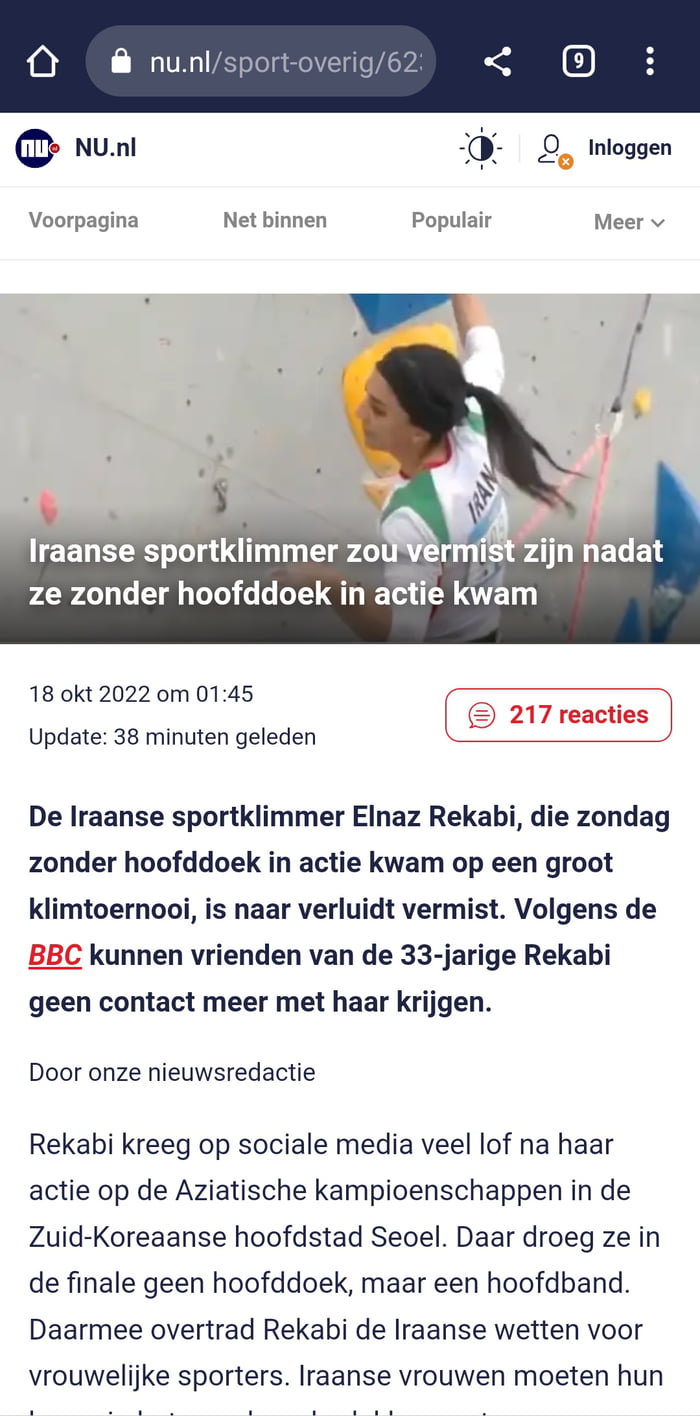 Elnaz Rekabi reported missing after competing without hijab - 9GAG
