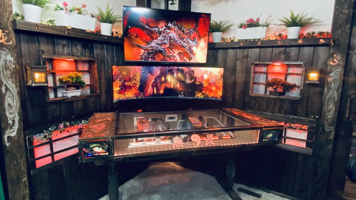 Asian-themed setup, with 2 custom loops for gaming and streaming in a custom-built desk, - 9GAG