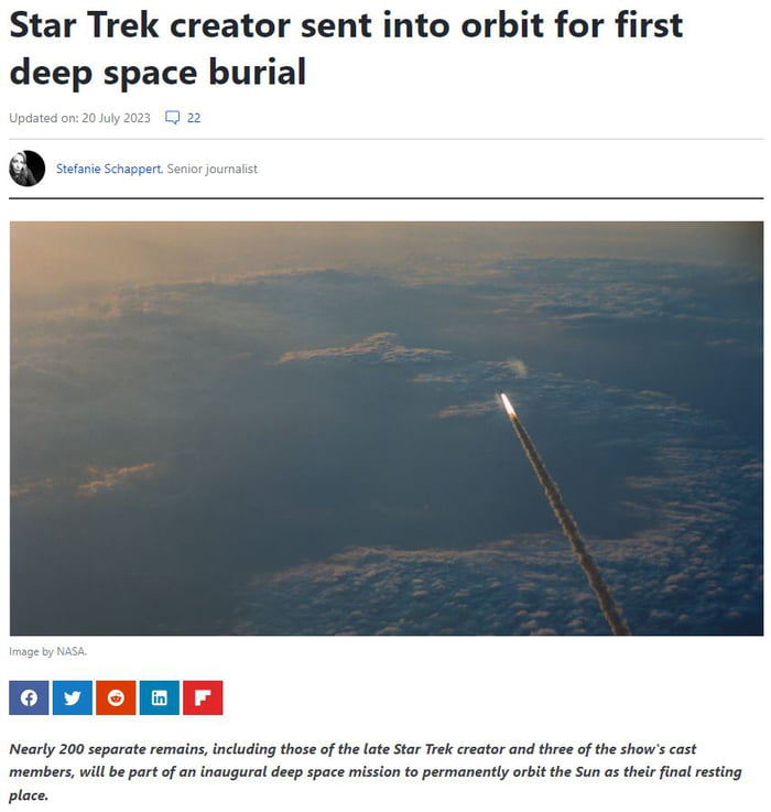 Space burial... 330 million kilometers out into space - 9GAG