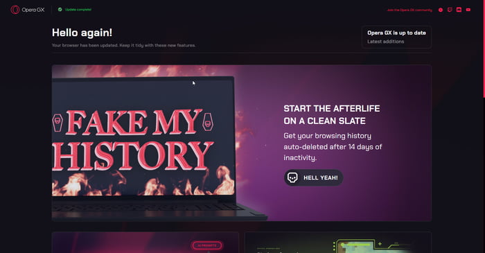 Opera GX will now delete browsing history after 2 weeks of inactivity as if you passed away. No ...