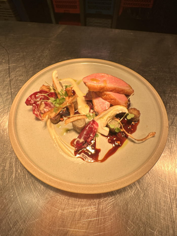 Duck breast, pine mushrooms, chicory, confit burdock, Madeira jus - 9GAG