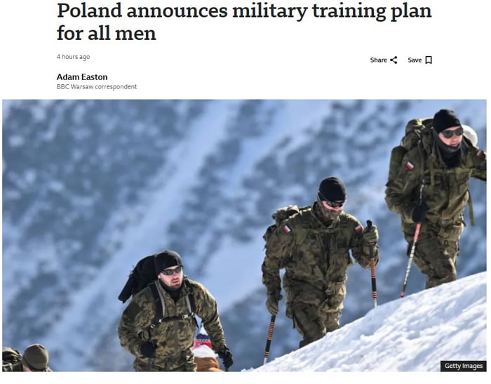 Poland is arming up. All men to receive military training. 5% of GDP military spending, 500k ...