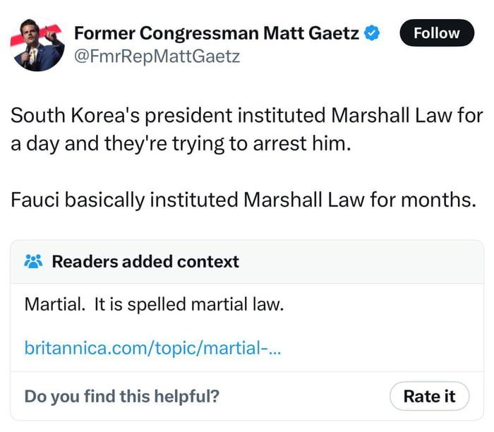Matt Gaetz Receives Community Note After Spelling “Martial” as “Marshall” - 9GAG