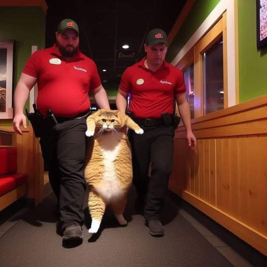 Food bandit being escorted out of the buffet - 9GAG