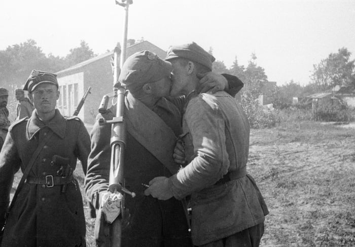 Two Polish soldiers embrace each other after reuniting during the ...