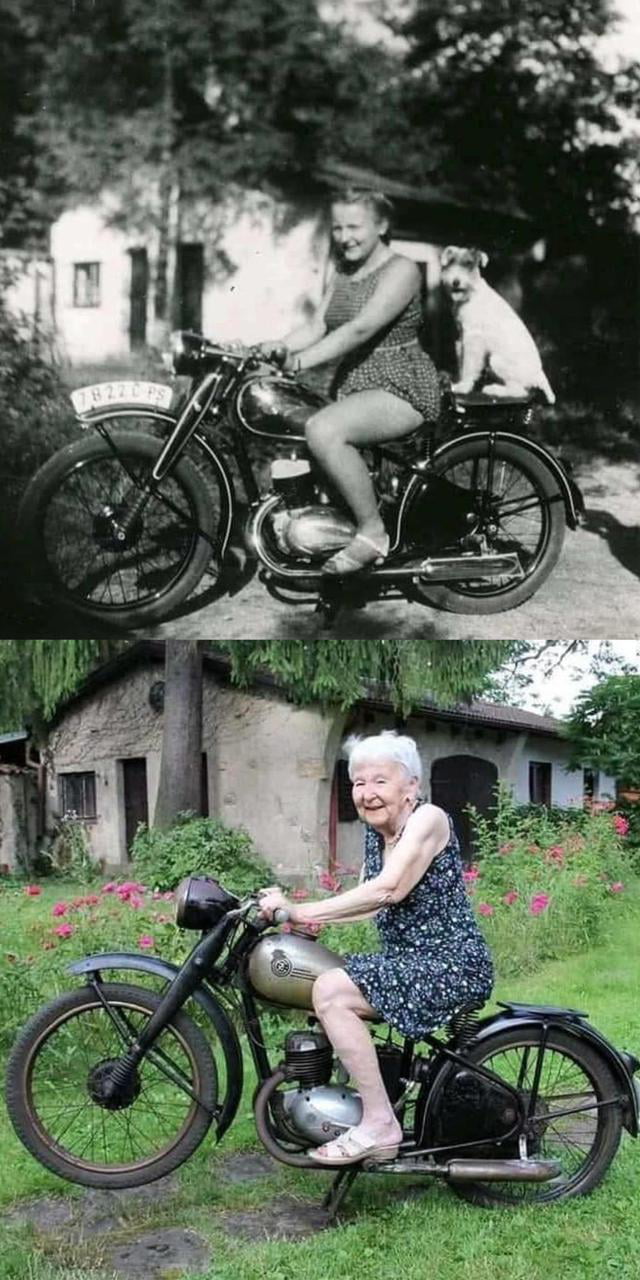 Same place, same girl, same bike, 71 years apart - 9GAG