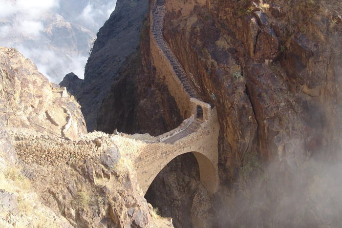 Shahara Bridge, which connects two high mountains in Amran Yemen, built ...