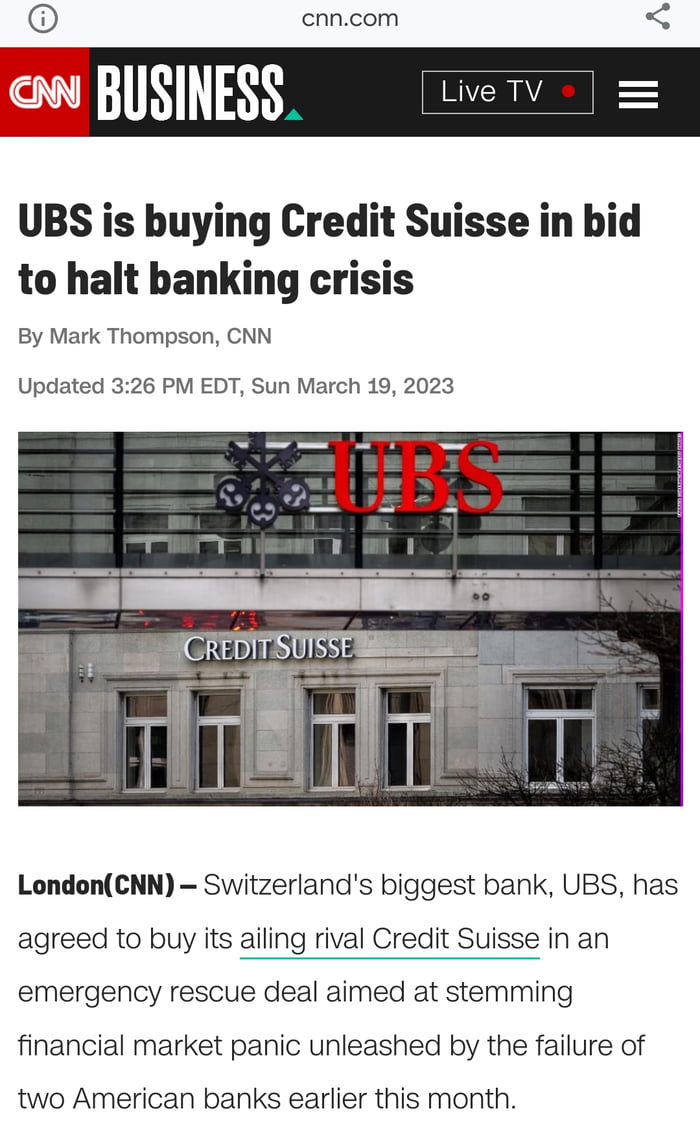 Credit Suisse has collapsed, its being sold to UBS for measley 2bn ...