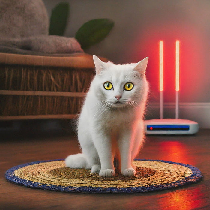 A white cat sits on the floor, back arched, fur bristling, with wide ...