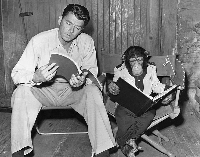 Ronald Reagan and his costar Peggy on the set of Bedtime for Bonzo ...
