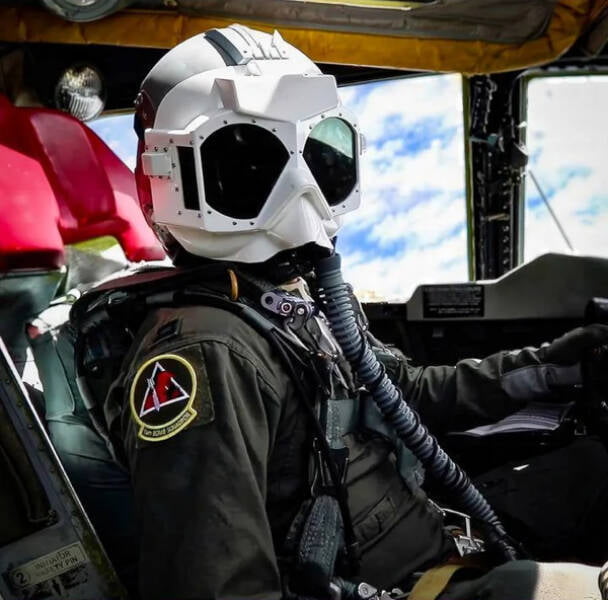 B-52H Stratofortress pilot donning the HGU-55/E helmet with EEU-2/P ...