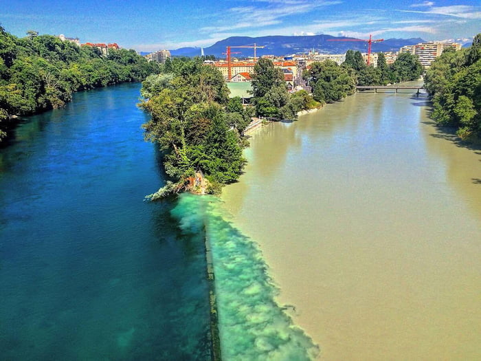 La Jonction, Geneva, Switzerland. On the left, the purified Rhône River ...