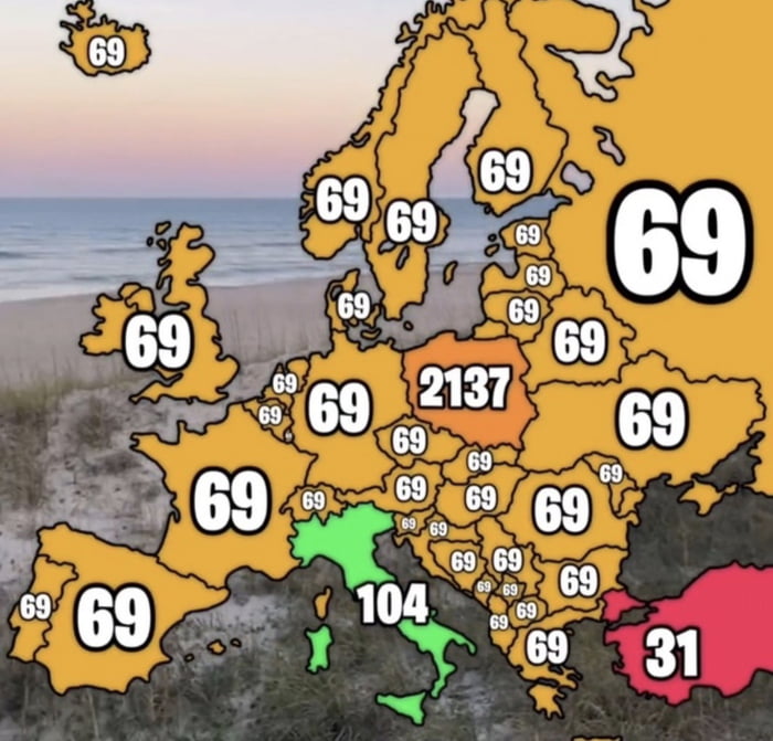 Numbers countries make fun of. 69 is majority in Europe. - 9GAG