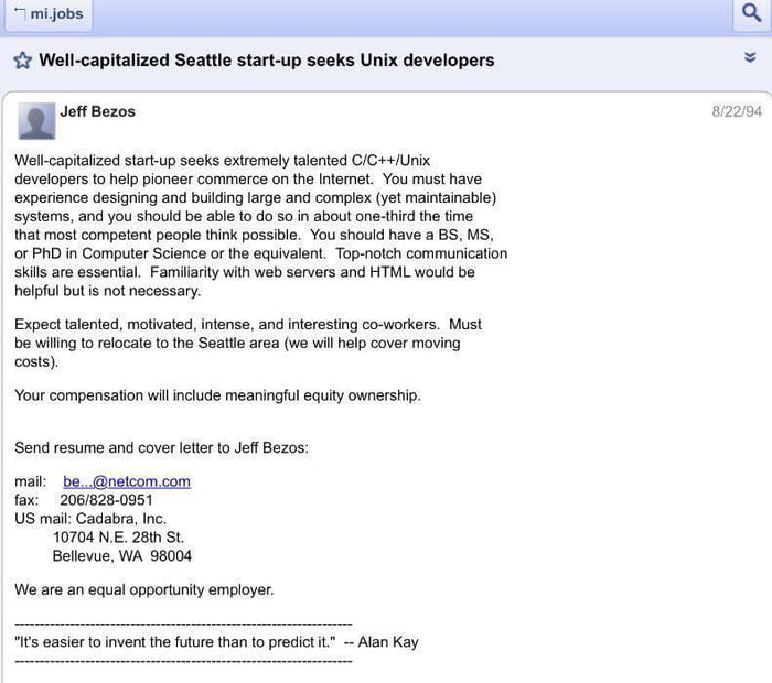 On this day in 1994 Jeff Bezos posted the first job ad for Amazon ...