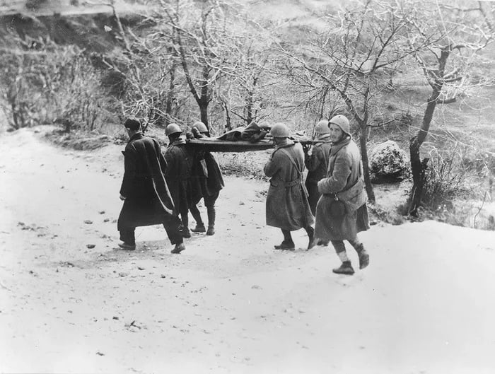 Greek soldiers carrying a wounded comrade druring the Italian-Greek War ...