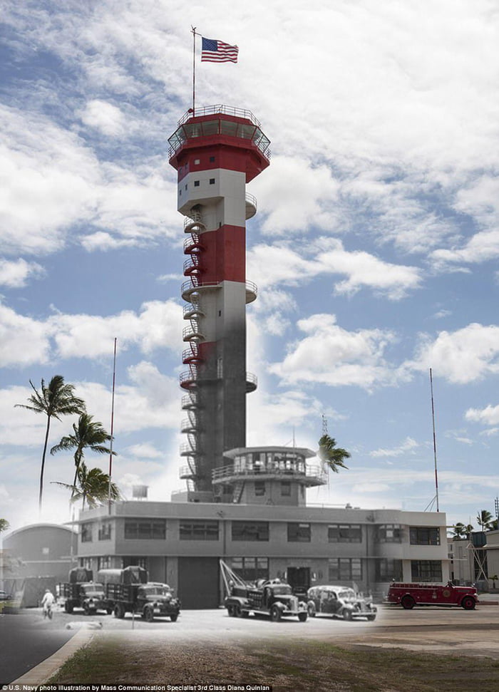 Pearl Harbor then and now. A view of the historic Ford Island control ...