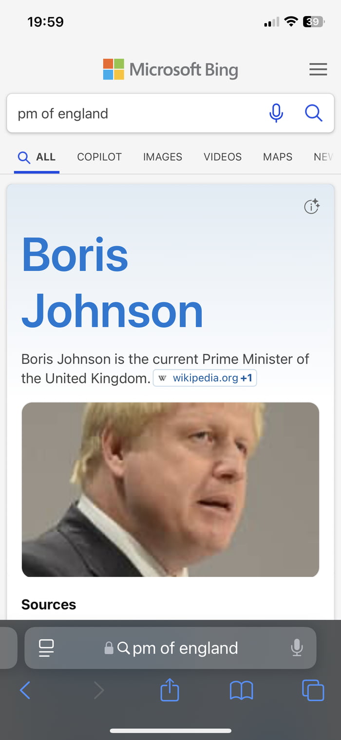 According to Bing, Boris Johnson is the current PM of England (3/03/25) - 9GAG