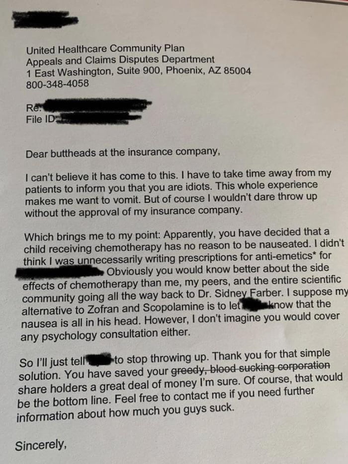 A doctor’s letter to United Heathcare for denying nausea meds for a ...