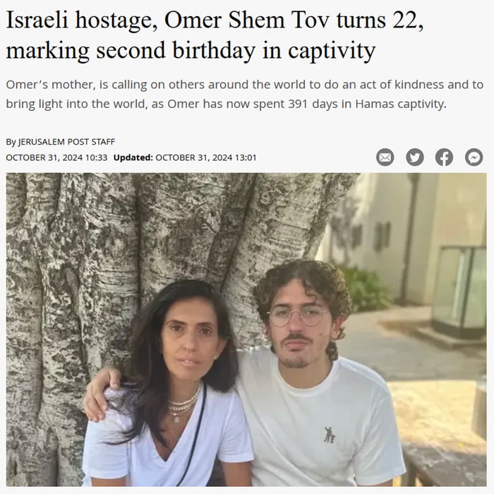 Omer Shem Tov, one of the 101 remaining hostages in Gaza, marked his ...