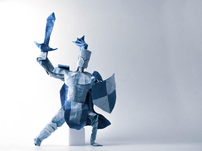 Origami fighting knight, designed and folded from a single uncut square ...