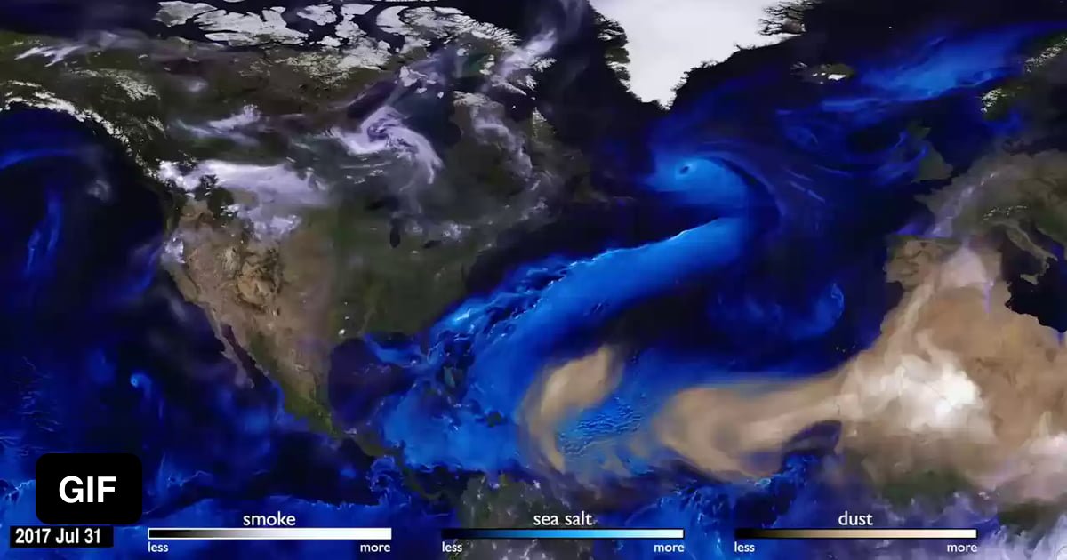 Visualization of aerosols (sea salt, dust, and smoke) carried on winds ...