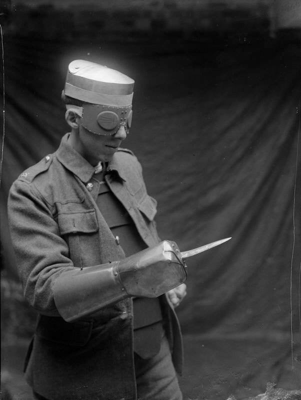 WWI personal armour, steel cap, steel plate vest, steel gauntlet and ...