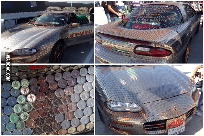 Car covered completely in coins -UAE of course - 9GAG