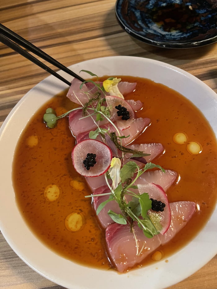 Kingfish Carpaccio with Umibudo and Truffle Soy - 9GAG