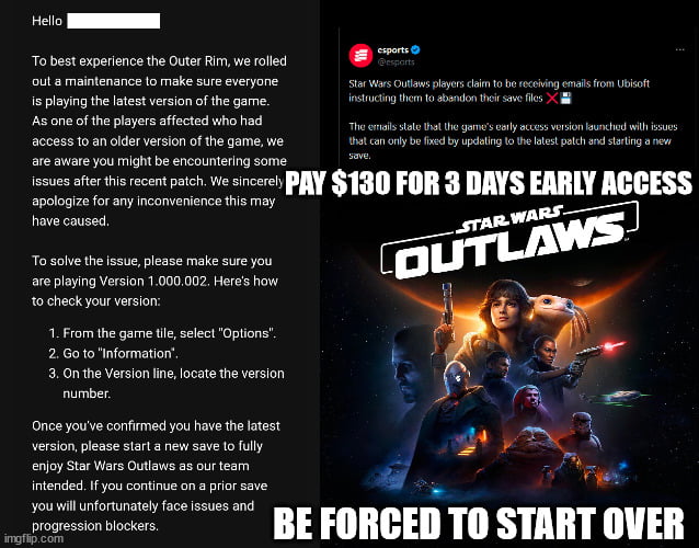Star Wars Outlaws "Early Access" players are receiving emails from Ubisoft instructing them to ...