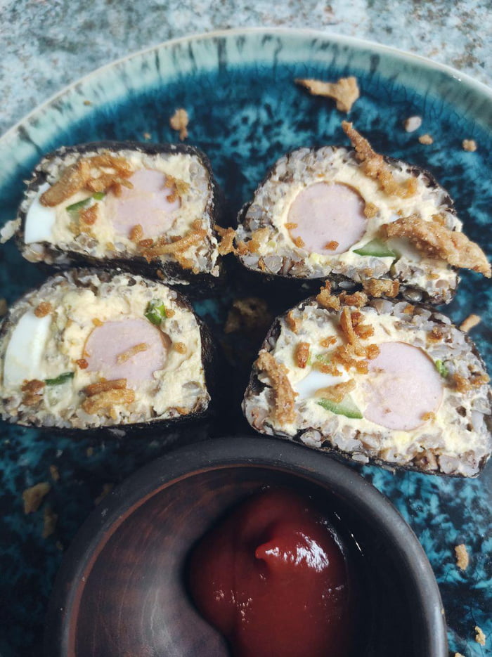 Hot-dog, buckwheat and deviled egg "sushi" roll. With ketchup and fried onions. - 9GAG