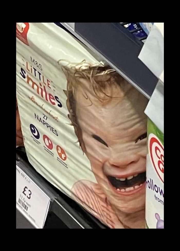 Horribly distorted babyface on a diaper pack - 9GAG