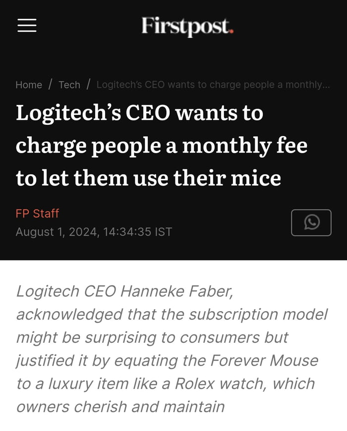 Logitech CEO wants to introduce a monthly subscription.... - 9GAG
